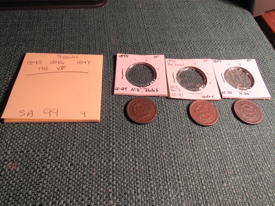 3 COINS 1845-1846-1847 large cent VF COINS GRADED BY A COIN DEALER NOT ...