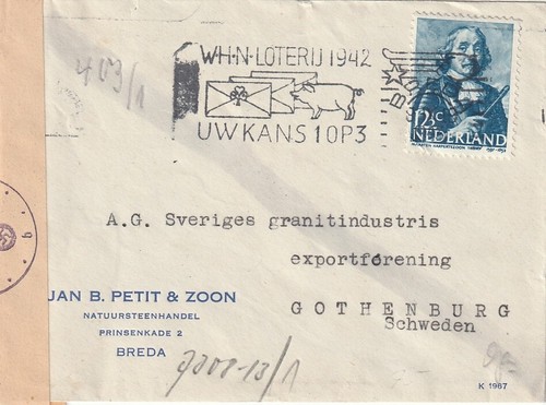 NETHERLANDS: Cover to Sweden 1943, chemical censor. Macheine ...