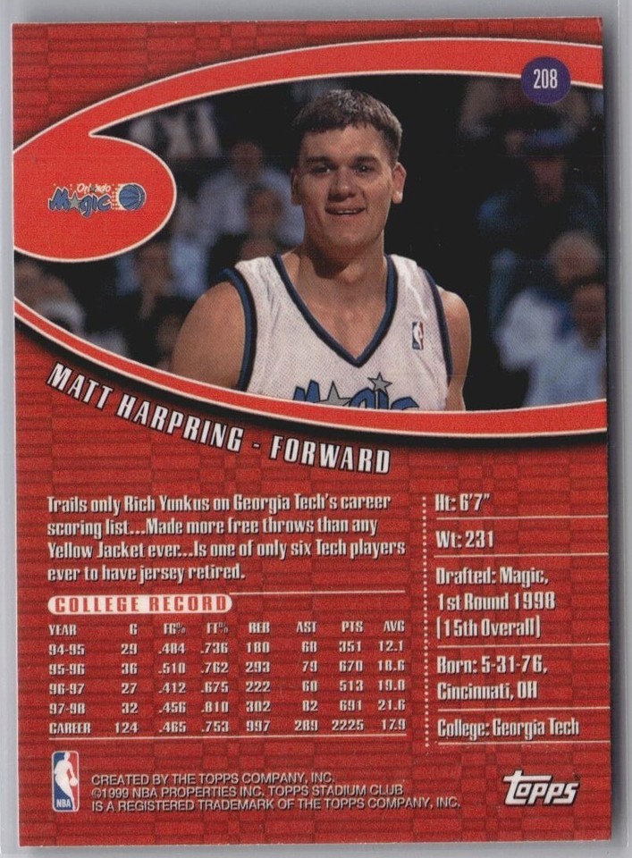 1998-99 Stadium Club Orlando Magic Basketball Card #208 Matt Harpring ...