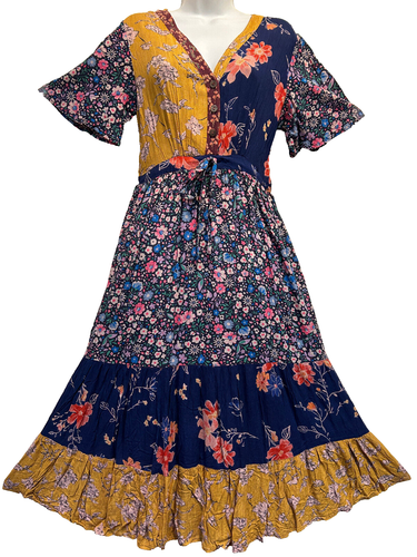 Nwt SACRED THREADS floral patch funky hippie gypsy rayon tier DRESS L ...