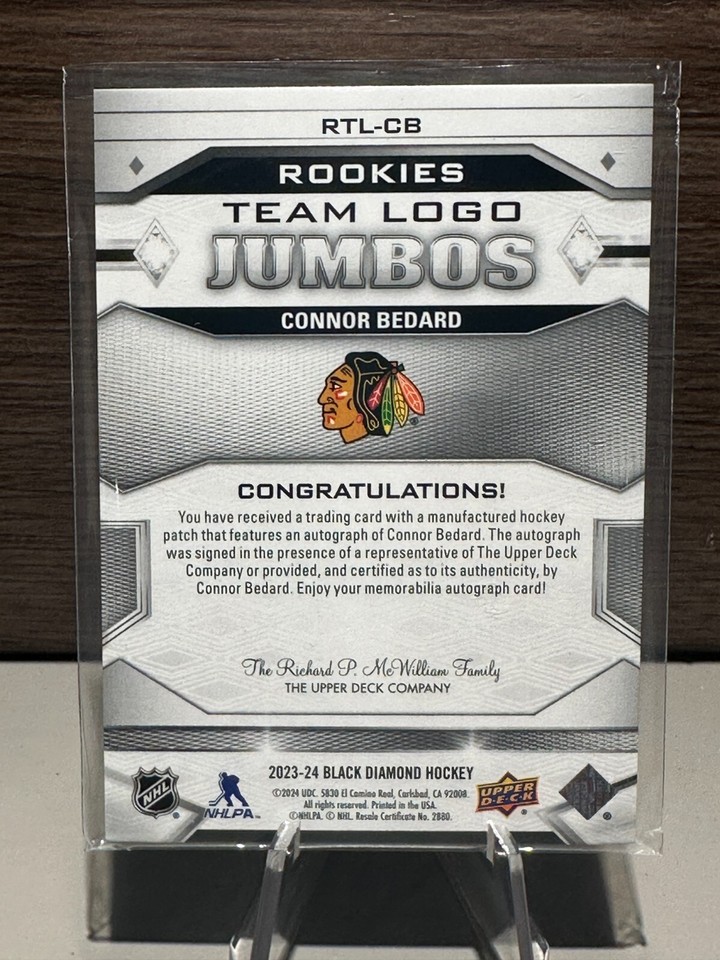 23-24 Black Diamond - Rookie Team Logo Jumbo Auto Connor Bedard Chicago ...