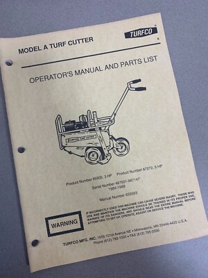 TurfCo Model A Turf Sod Cutter Parts Manual Service Turf Co 85505 ...