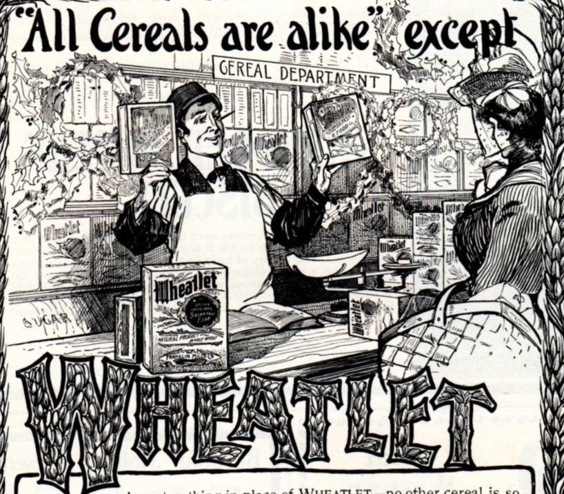 1902 ad Vintage Wheatlet Cereal Department Shopper art Girl Shredded ...