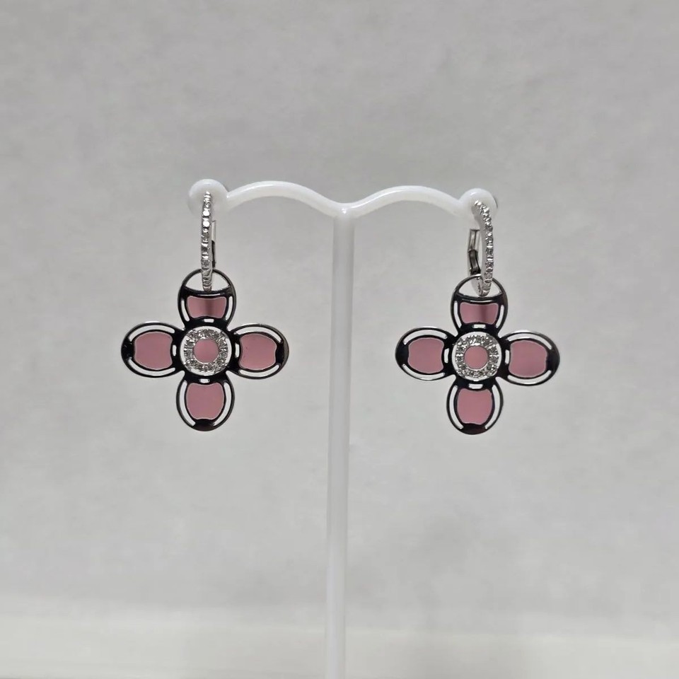 Roberto Coin Pink Enamel Diamond 18k White Gold Flower Dangle Drop ...