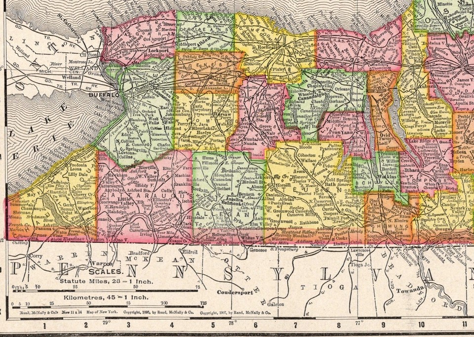 1907 Antique New York State Map Wall Decor Map Of New York 1249 | eBay