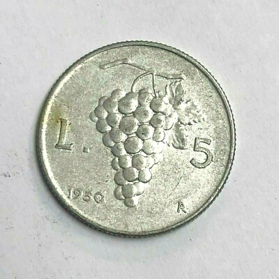 1948 - 1950 R ITALY 5 LIRE, Grape Cluster, vintage Italian coin, KM#89 ...