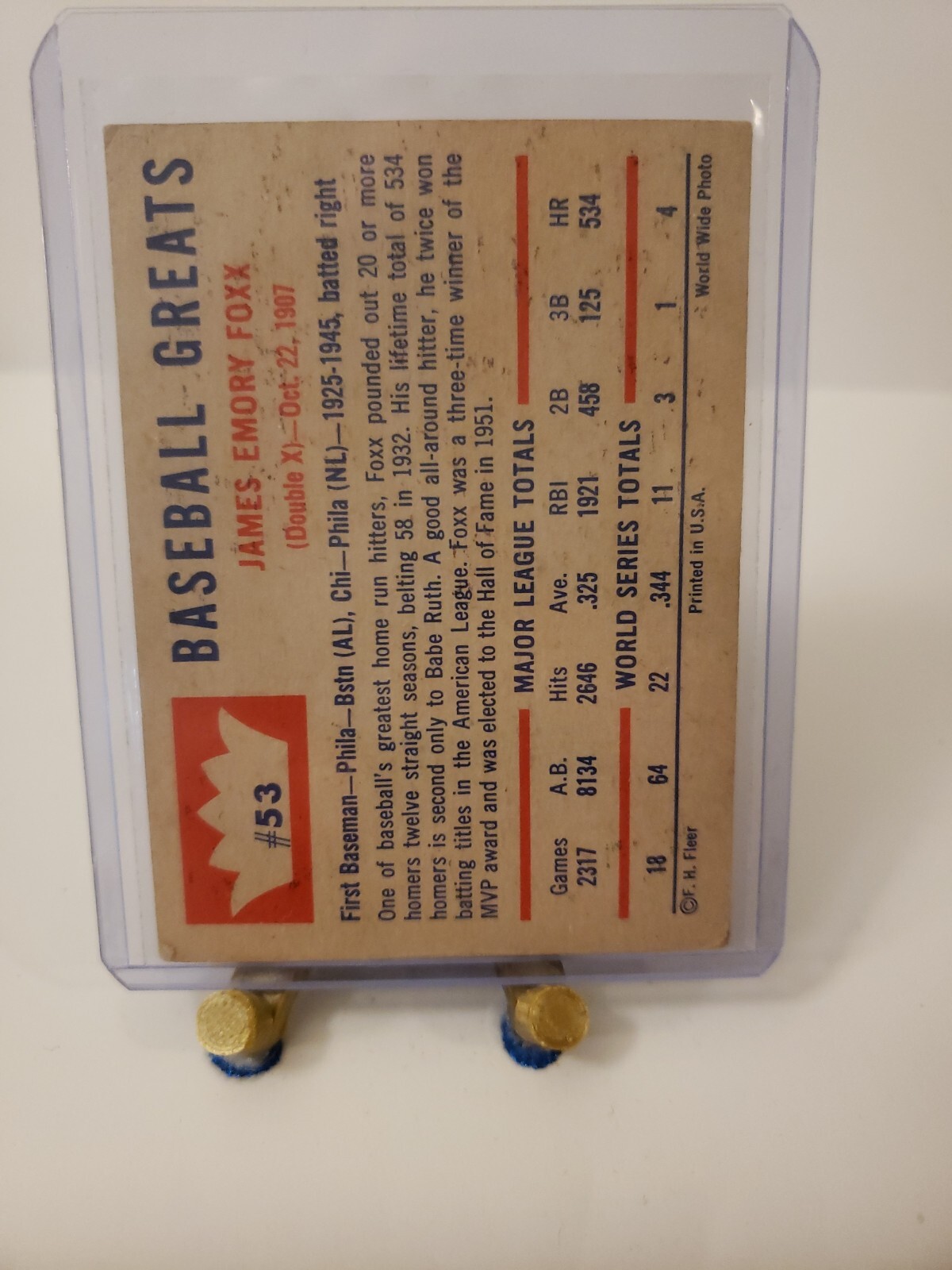 1960 Fleer Baseball Greats #53 Jimmy Foxx Baseball Card Athletics Red ...