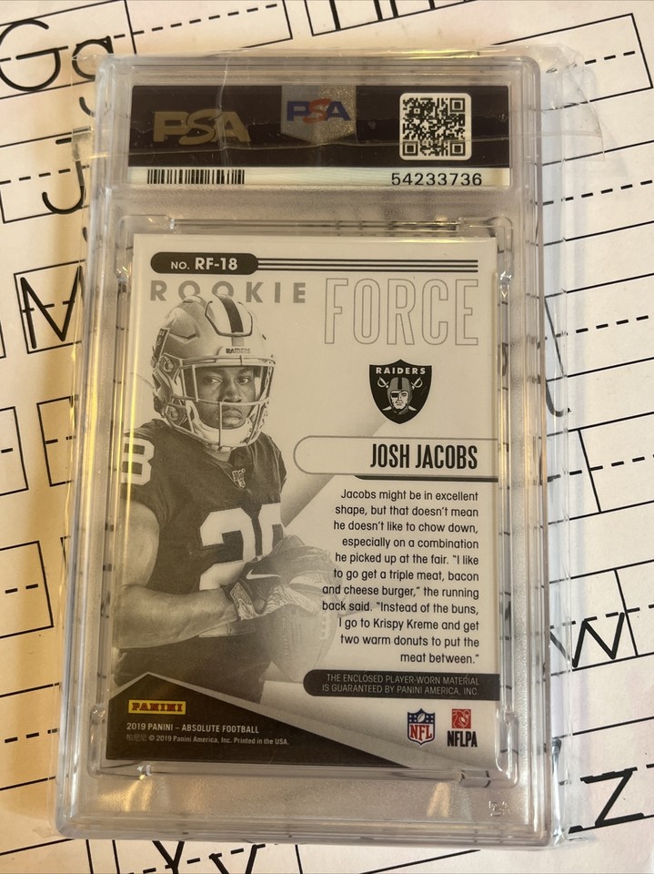 2019 Panini Absolute Rookie Force PRIME Patch Josh Jacobs #RF-18 PSA 8 ...
