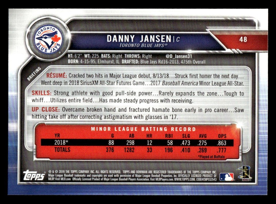 2019 Bowman #48 Danny Jansen Rookie Card Toronto Blue Jays | eBay