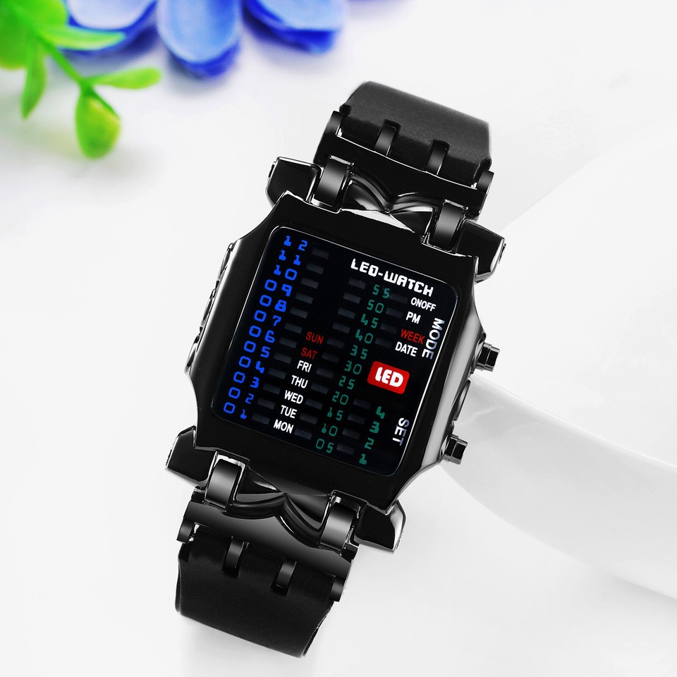 Men's Sports Digital Binary LED Display Calendar Watch Silicone Band ...