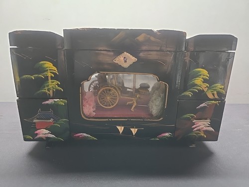 Vintage Japanese Rickshaw Black Lacquer Jewelry Music Box Mid-Century ...