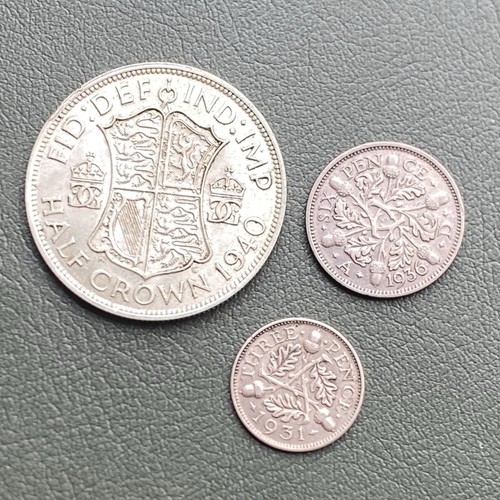 Silver Coins (3) 1940 Half Crown. 1936 Sixpence & 1931 3D, George V VI ...