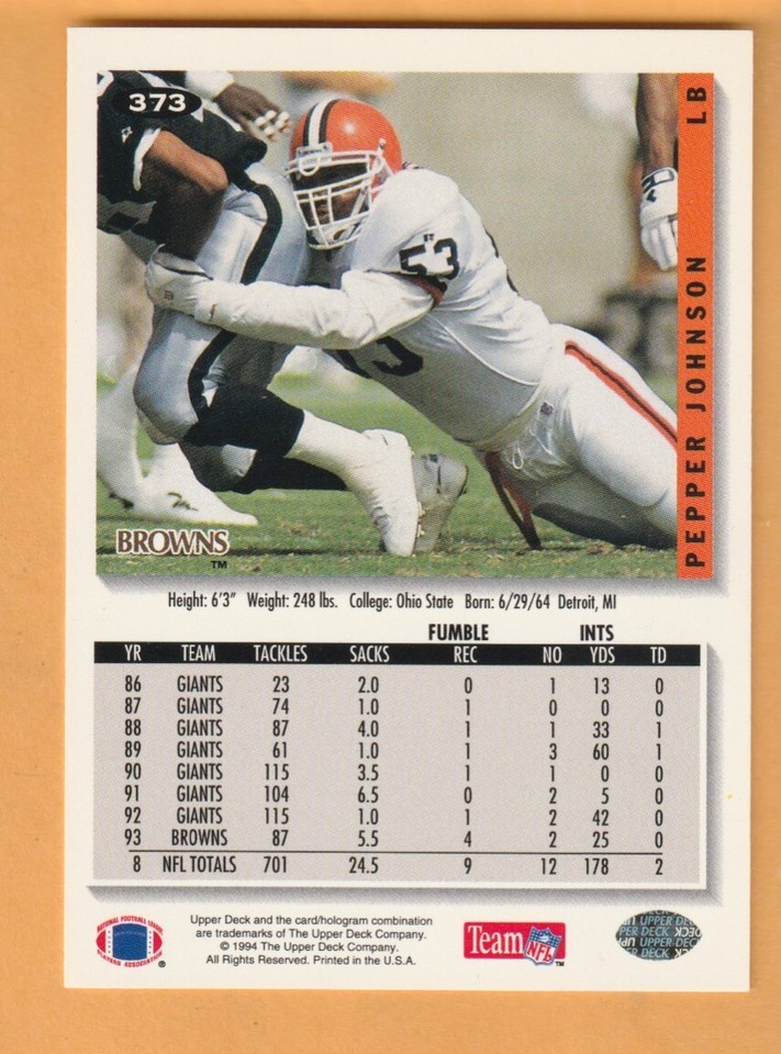 Pepper Johnson Cleveland Browns AUTO Signed 1994 Collector's Choice ...