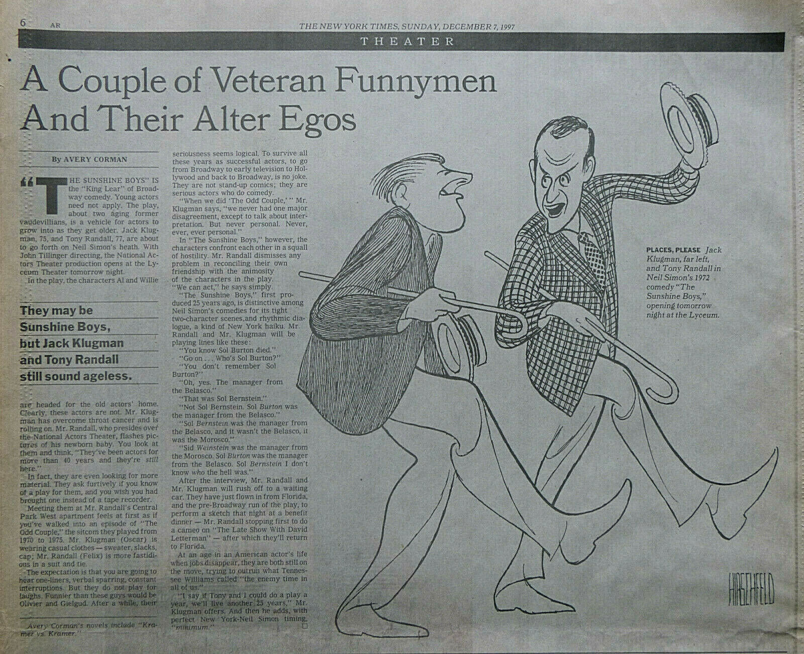 AL HIRSCHFELD - SUNSHINE BOYS JACK KLUGMAN TONY RANDALL LYCEUM December ...