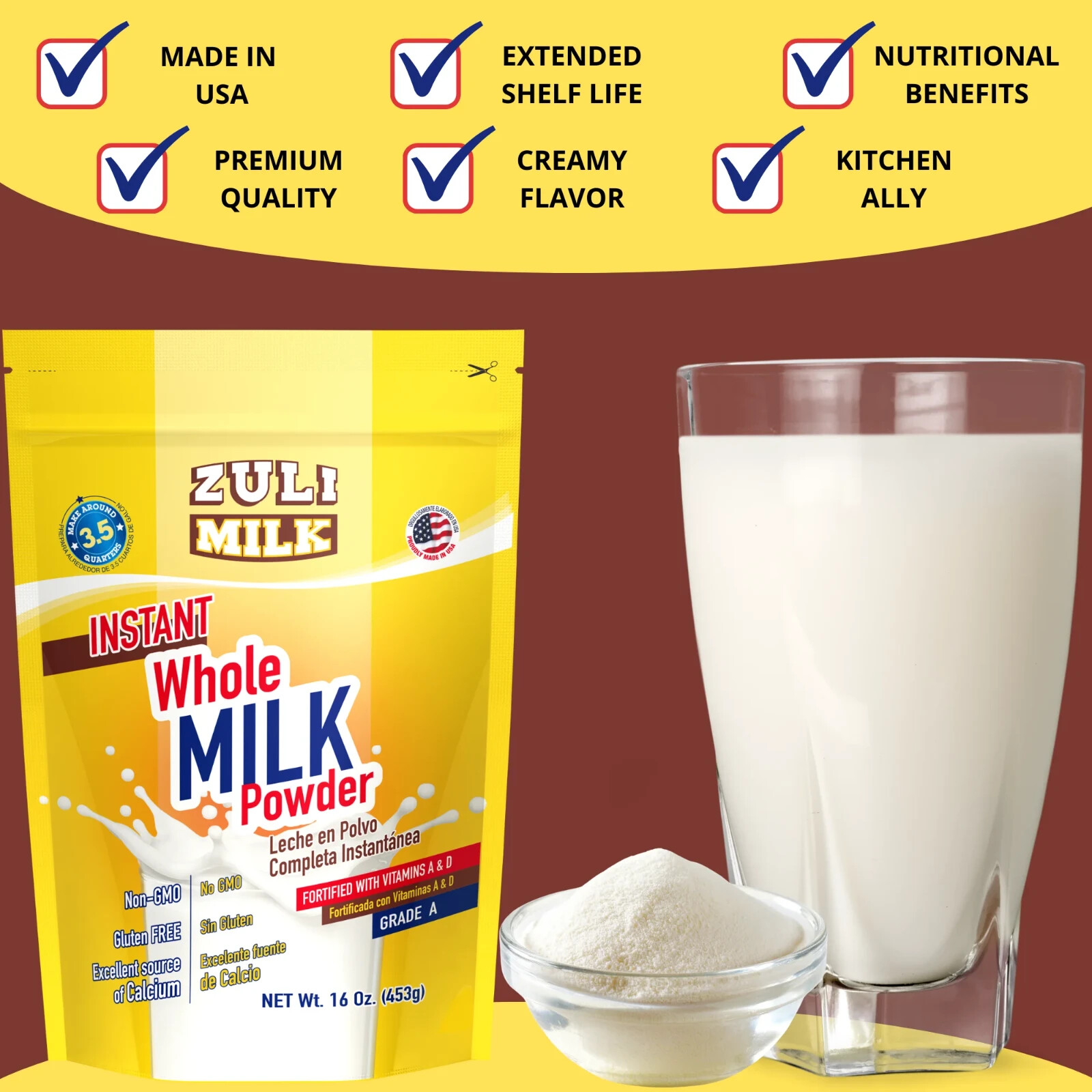 Instant Whole milk Powder dry milk Powder 16 OZ ZULI Milk Non-GMO ...