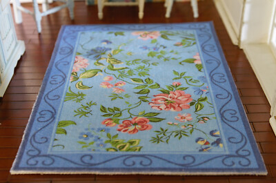 Beautiful Blue Dollhouse Rug French Country Theme Floral Green Leaves 1 ...