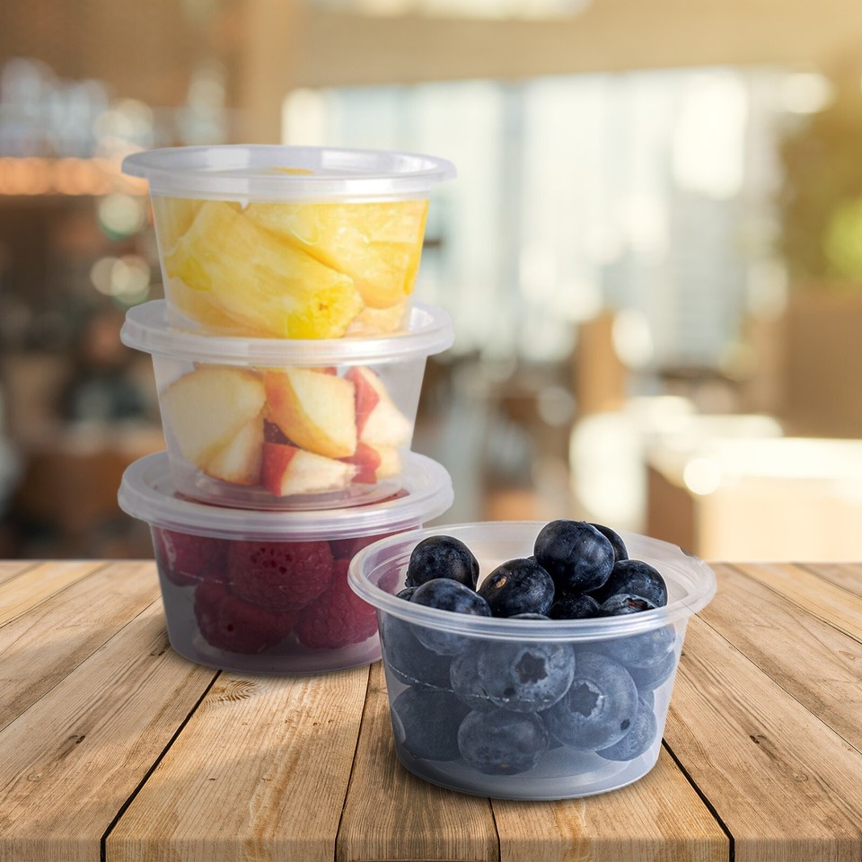 Round Food Containers Plastic Clear Storage Tubs with Lids Deli Pots ...