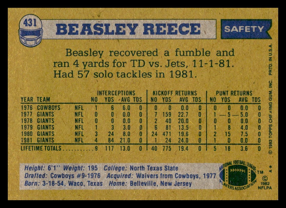 1982 Topps #431 Beasley Reece New York Giants Football Card EX/NM | eBay