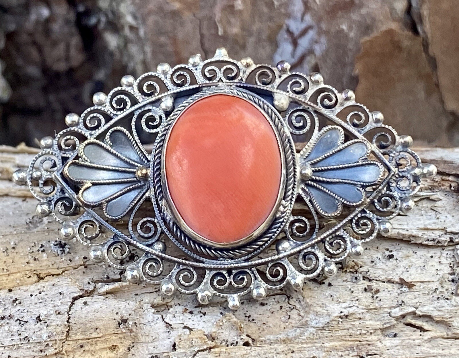 Vintage 800 Silver Brooch Red Coral Pin Filigree Signed Italy C-Clasp ...