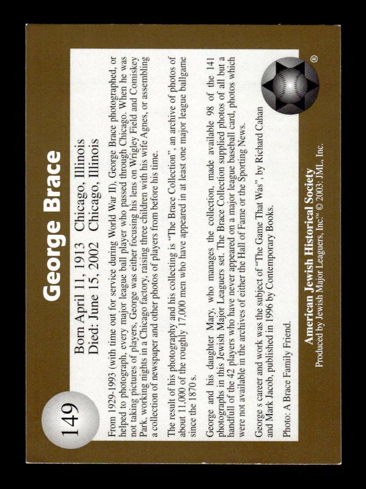 2003 Jewish Major Leaguers #149 George Brace Gold Edition Only 500 Made ...