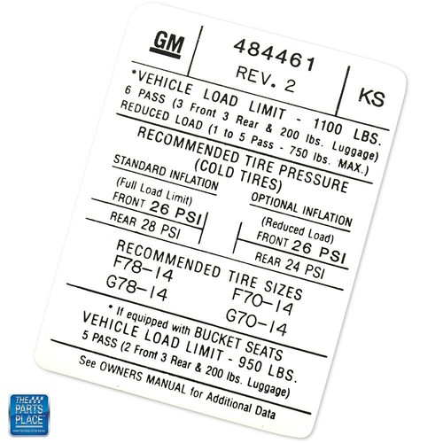 1972 GTO LeMans Tire Pressure Decal GM 4844461 EA | eBay