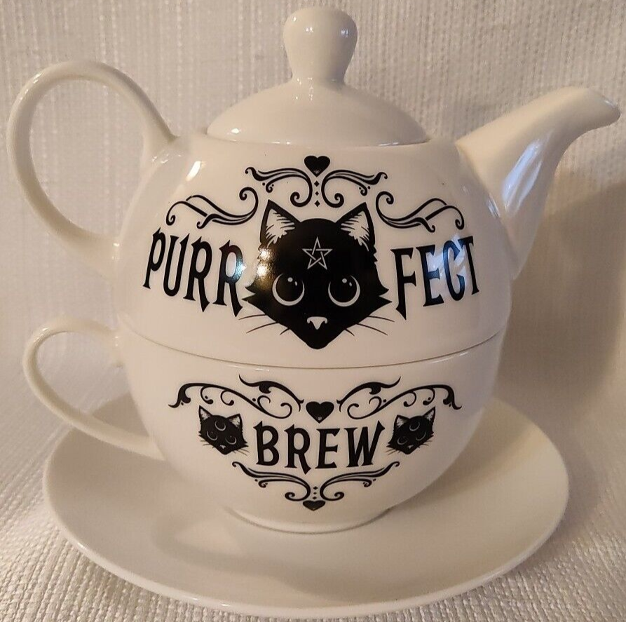 Alchemy Purr-fect Brew Tea For One Set Gothic Teapot, Cup, Saucer Bone ...