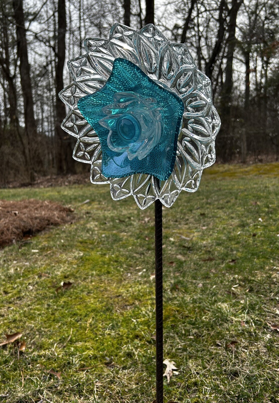 Clear Petal & Turquoise Glass Garden Flower Repurposed Suncatcher Yard ...