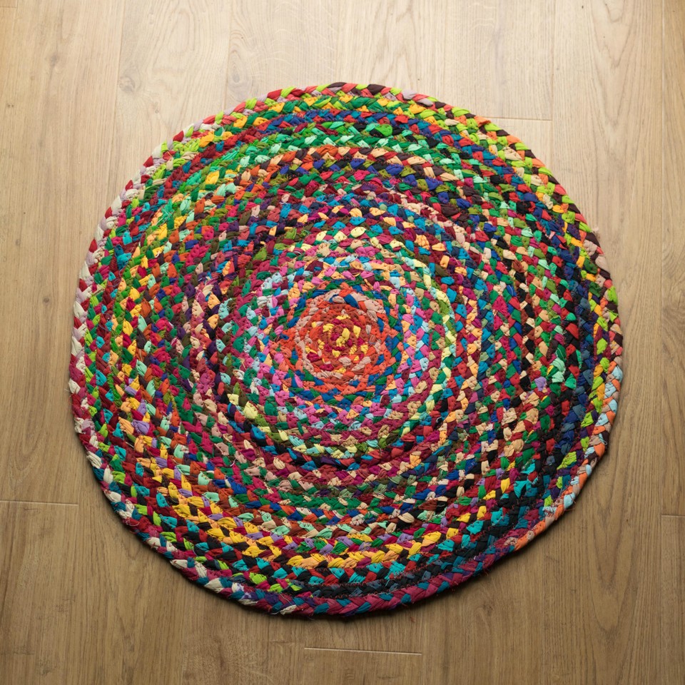 ⭐Round Multicolour Green Yellow Chindi Recycled Cotton Rag Rug Shabby ...