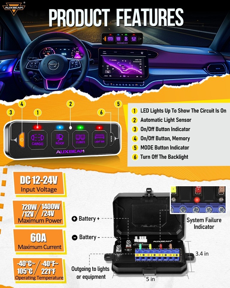 AUXBEAM 4 Gang RGB Switch Panel Toggle/ Momentary/ Pulsed Automatic ...