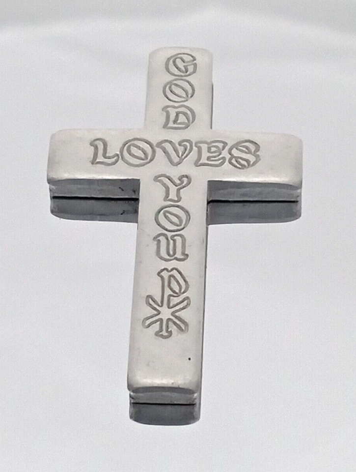 Cross Engraved God Loves You Silver Tone Metal Pocket Christian ...