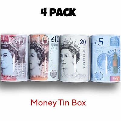 Pack of 4 Money Tin Boxes Tinplate, Multi-Colour, Notes Design Metal ...
