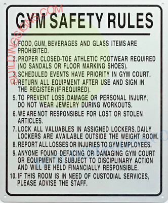 GYM SAFETY RULES SIGN (10x12, White, Aluminum) -REF24-1027 | eBay