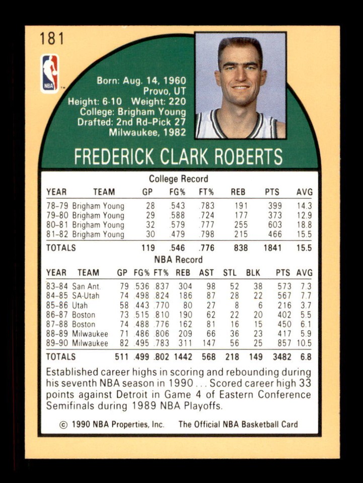 1990 Basketball Hoops Fred Roberts Milwaukee Bucks #181 | eBay