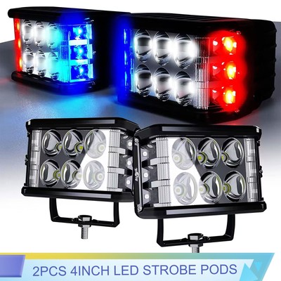 Pair 4 inch LED Strobe Pods Light Off Road Dual Side Shooter Red & Blue ...