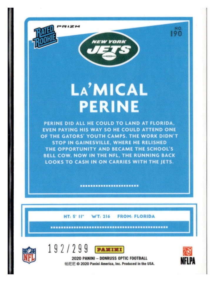 2020 Donruss Optic #190 La'Mical Perine Blue Prizm RC /299 Jets | eBay