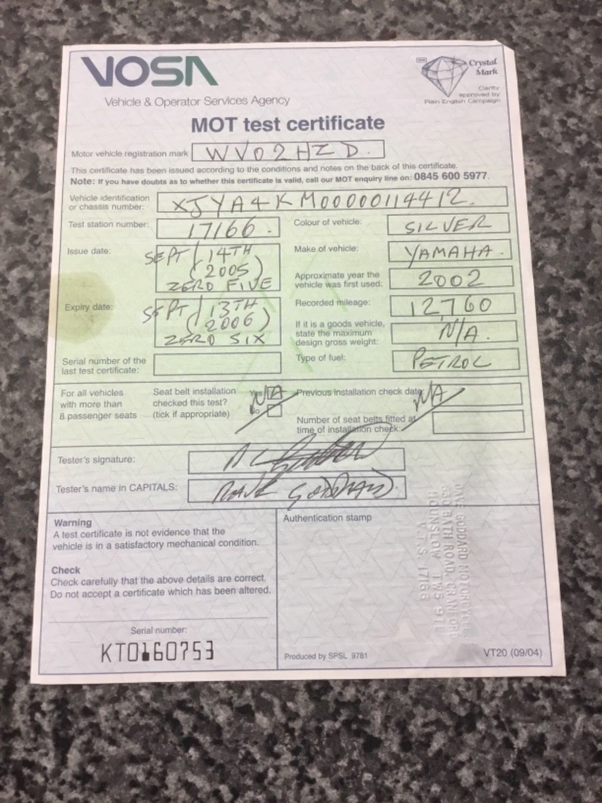 VOSA MOT TEST CERTIFICATE ISSUED 2005 | eBay UK