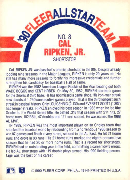 1990 Fleer #8 Cal Ripken, Jr. '90 Fleer All-Star Team | eBay