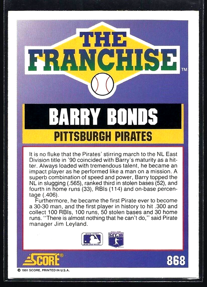 1990 Upper Deck Pittsburgh Pirates Baseball Card #868 Barry Bonds The ...