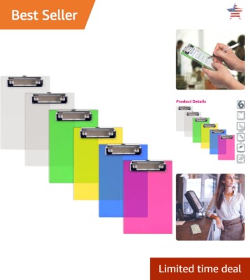 Pack of 6 Mini Clipboards - Assorted Translucent Colors - Durable ...