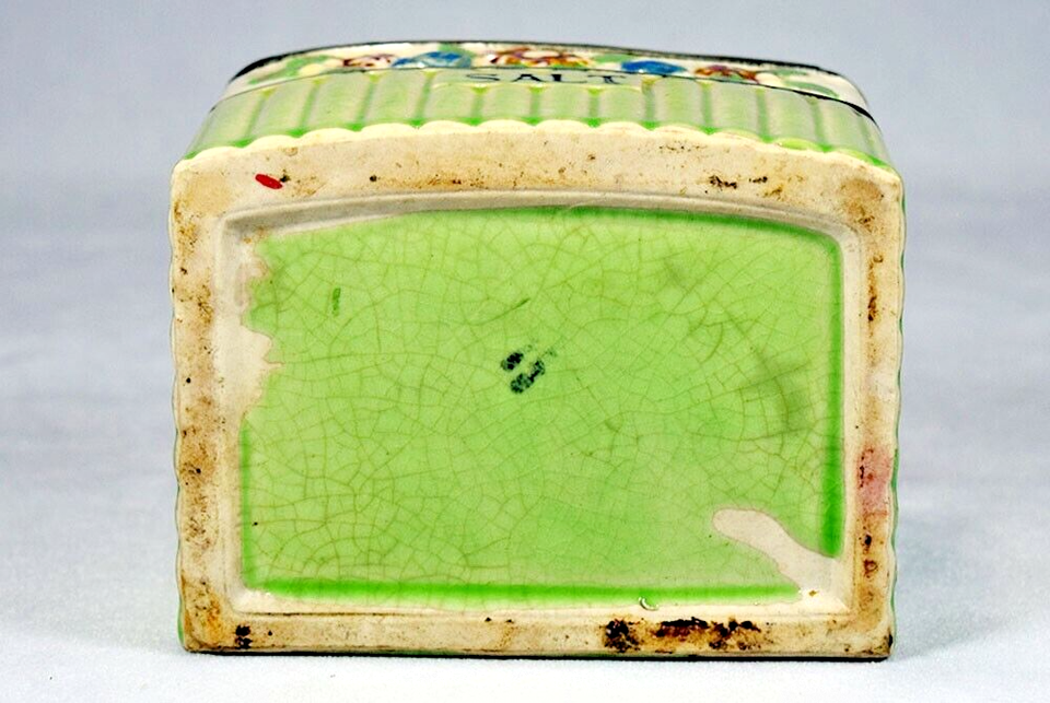 Vintage Ceramic Stoneware Salt Box Apple Green Raised Floral Wood Lid ...