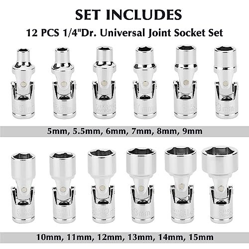 12pcs 1/4" Drive Universal Joint Socket Set 6 Point Metric Universal ...