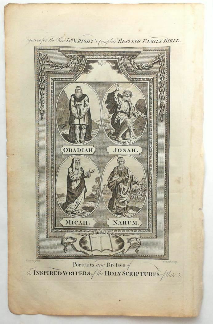 c1790 9x15 BIBLE LEAF Copper Plate Engraving Obadiah Jonah Micah Nahum ...