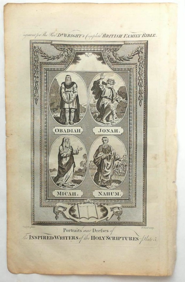 c1790 9x15 BIBLE LEAF Copper Plate Engraving Obadiah Jonah Micah Nahum ...