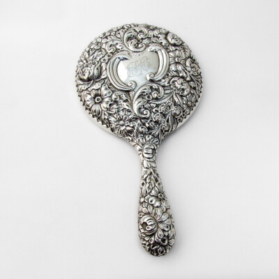 Repousse Floral Round Hand Mirror Gorham Sterling Silver Mono H | eBay