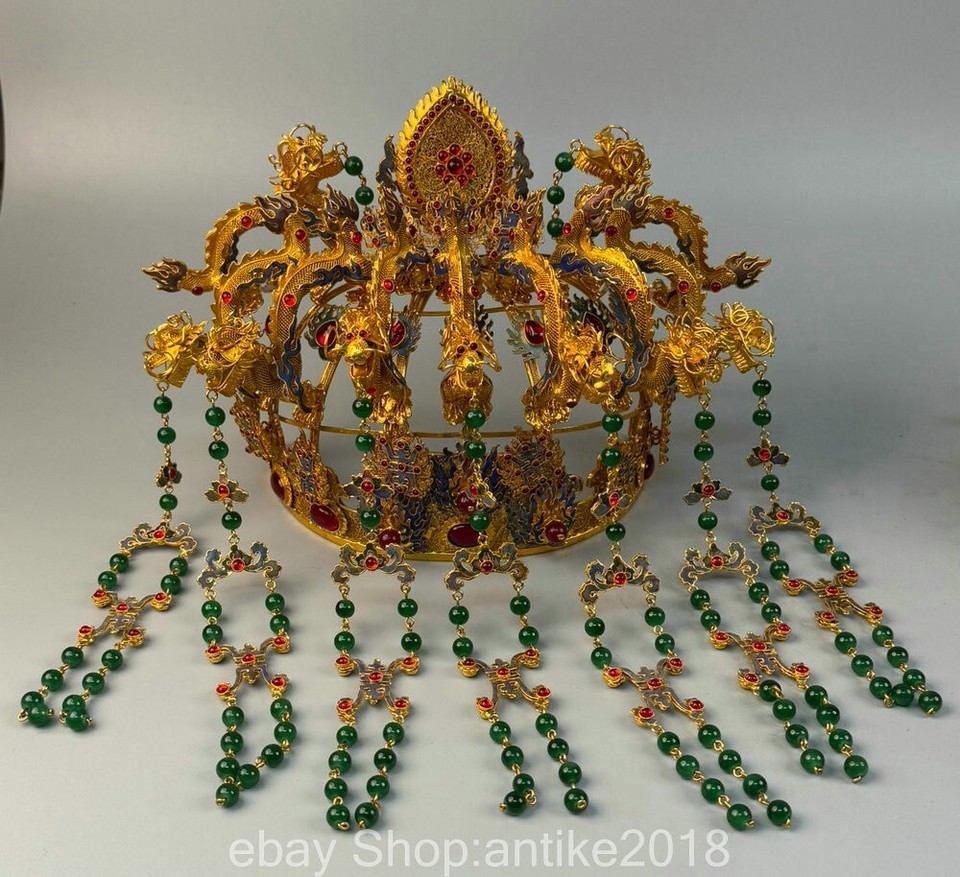 14.4" Old Chinese Copper 24K Gold Gilt Dynasty Dragon Phoenix crown ...