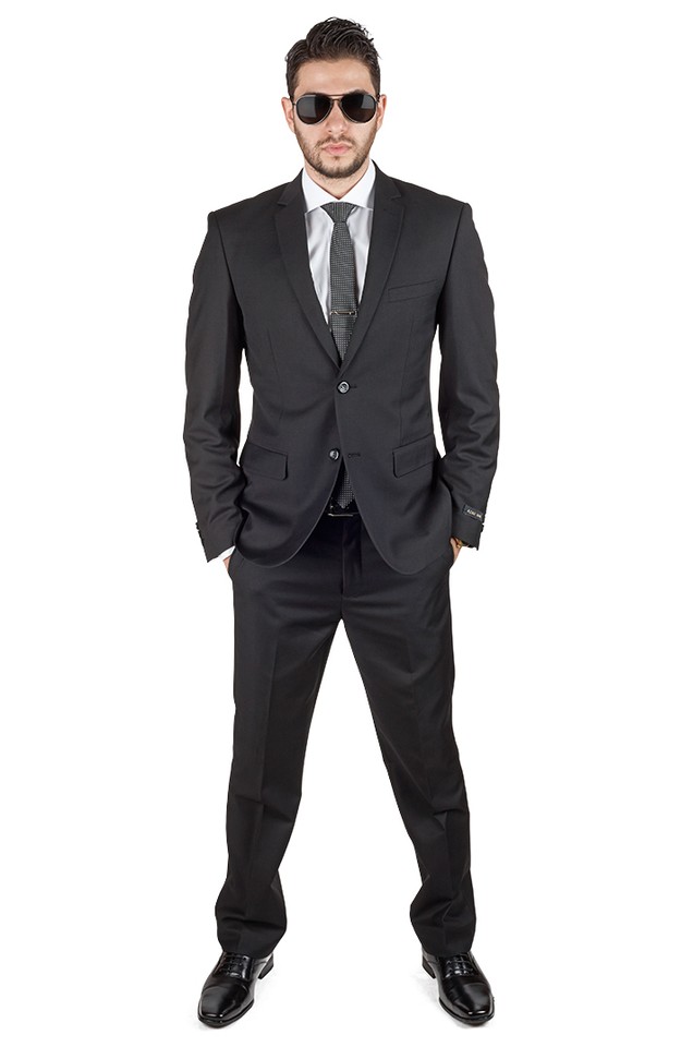 Slim Fit Men Suit Solid Black 2 Button Flat Front Pants Fitted Style By ...