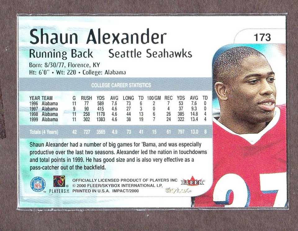 Alabama Crimson Tide - Shaun Alexander - 2000 Skybox Impact #173 Rookie ...
