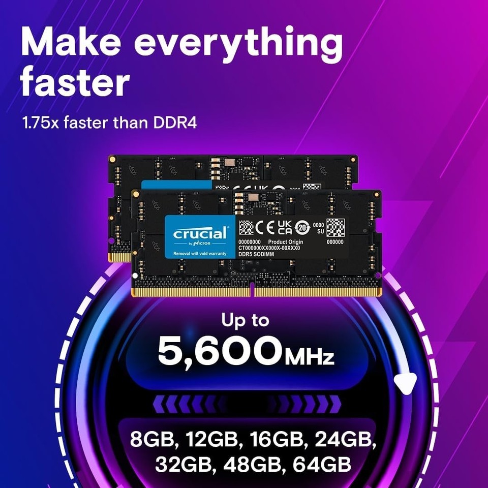 Crucial 16GB DDR5 5600MHz SODIMM Laptop RAM CL46 High-Speed Memory ...