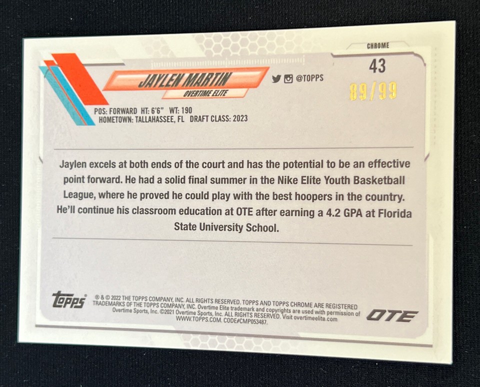 2021-22 Topps Chrome OTE Overtime Elite Jaylen Martin /99 Blue ...