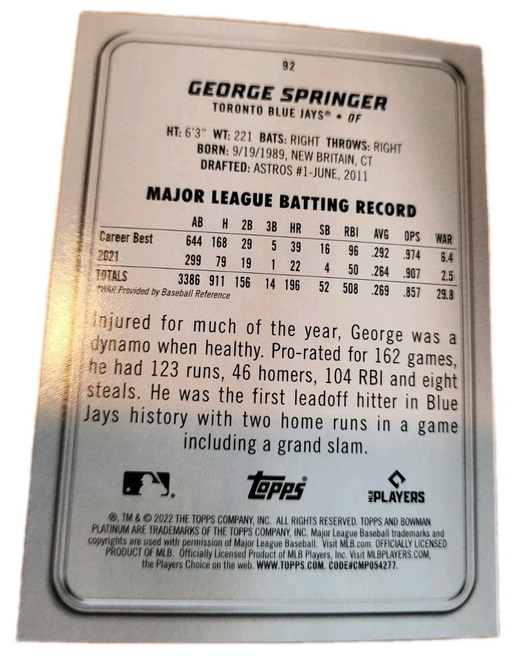 2022 Bowman Platinum George Springer #92 Toronto Blue Jays MLB Baseball ...